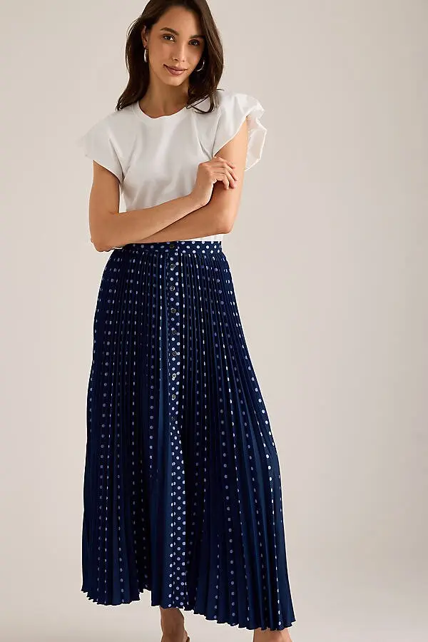 Maeve Pleated Button-front Maxi Skirt With Polka Dot Print - Blue Dot