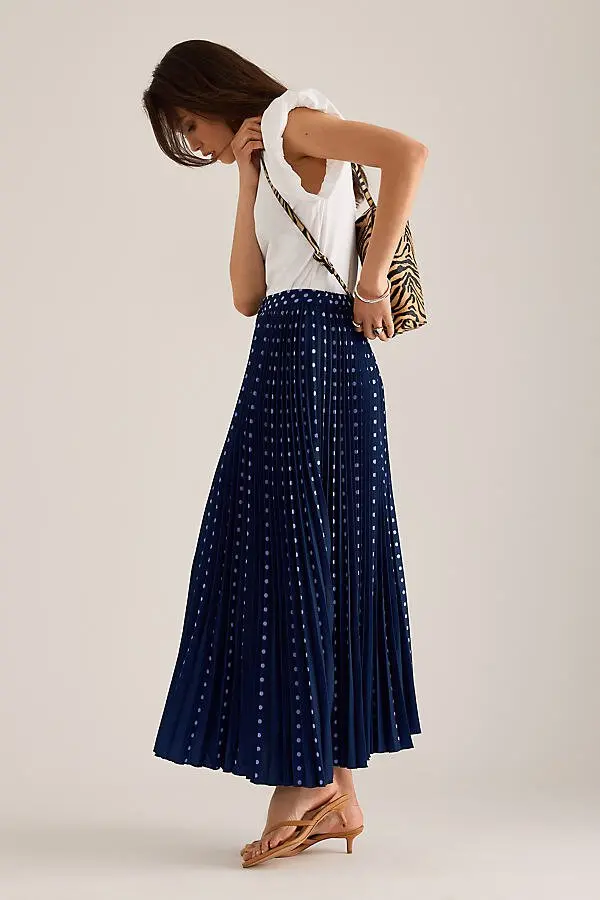 Maeve Pleated Button-front Maxi Skirt With Polka Dot Print - Blue Dot