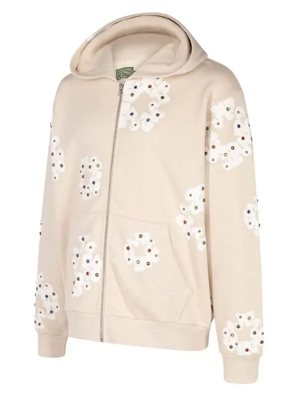 Denim Tears Rhinestone Cotton Wreath Zip Hoodie - Neutrals - 10