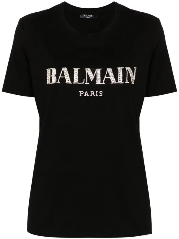 Balmain Crystal-logo Cotton T-shirt - Black