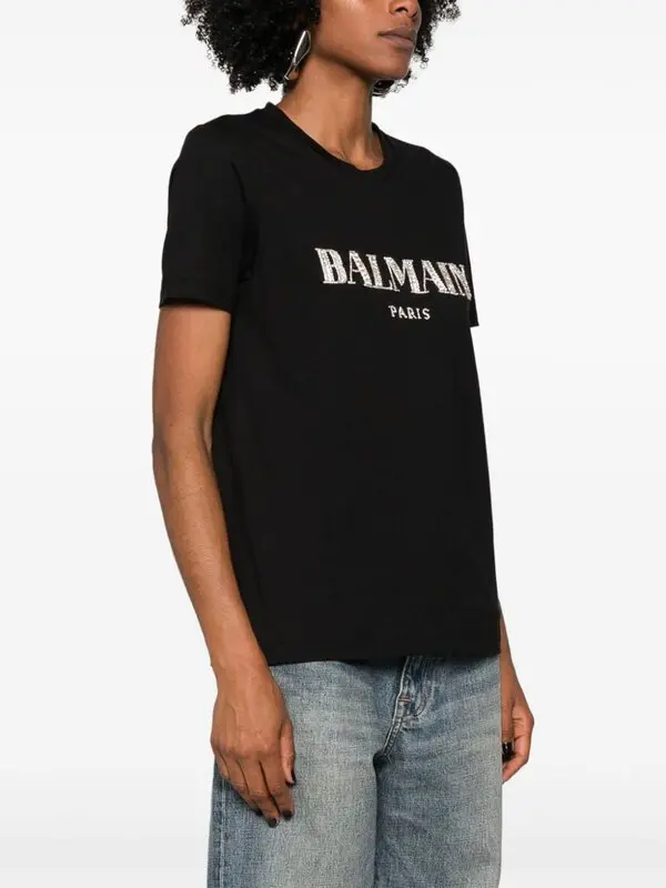 Balmain Crystal-logo Cotton T-shirt - Black