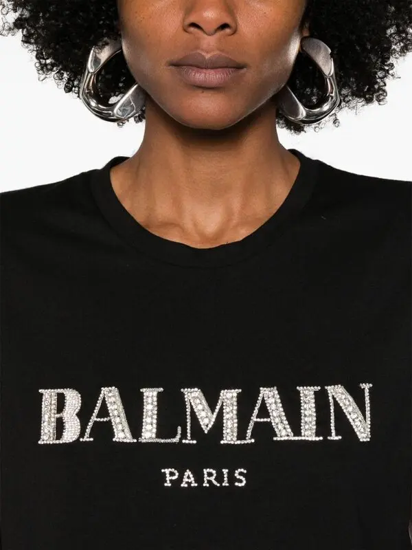 Balmain Crystal-logo Cotton T-shirt - Black