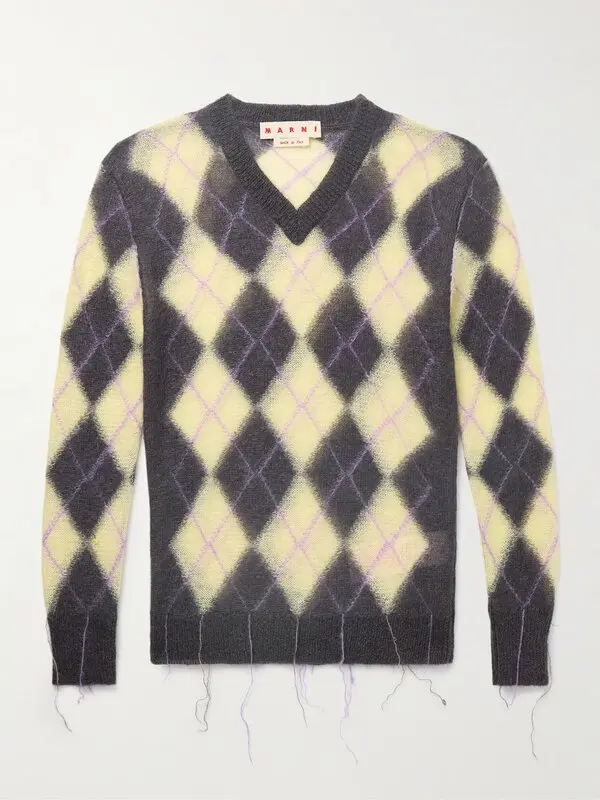 Marni Slim-fit Fringed Argyle Mohair-blend Sweater - Yellow
