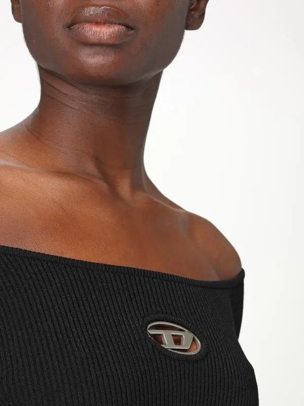 DIESEL® Off-the-shoulder Ribbed Top With Logo Detail - Black