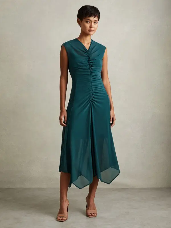 REISS Lyra Mesh Ruched Midi Dress