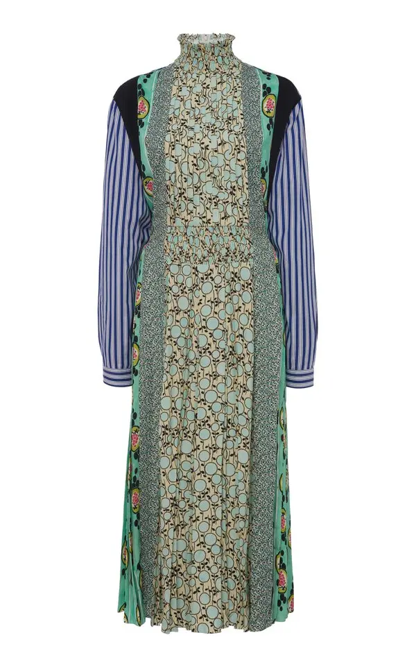 Prada Patchwork Smocked Crepe Midi Dress