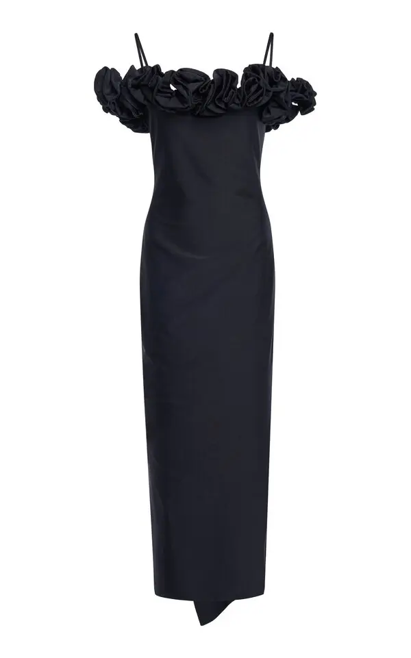 Coperni Rosette-detailed Off-the-shoulder Stretch-satin Maxi Dress