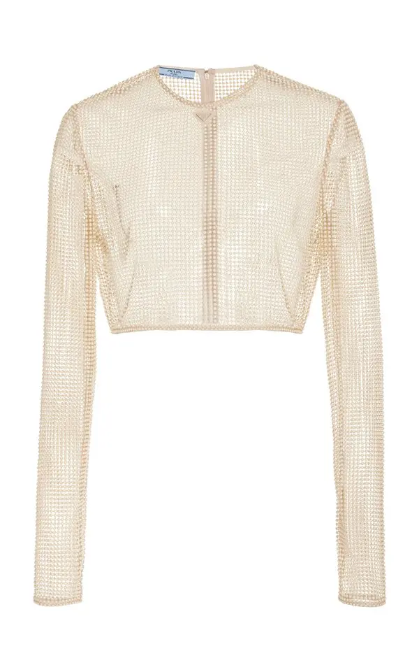 Prada Pearl-embroidered Mesh Cropped Top