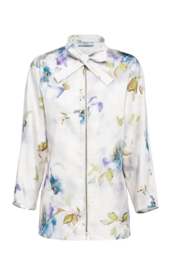 Prada Floral Tie-neck Zip-up Top