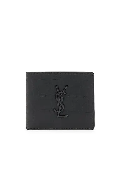 Saint Laurent Croc Embossed Billfold Wallet - Black