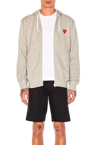 Play Comme Des Garcon Red Emblem Zip Cotton Hoodie - Grey