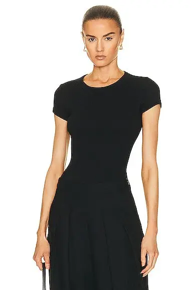 Enza Costa Pointelle Knit Cap Sleeve Crew Top - Black