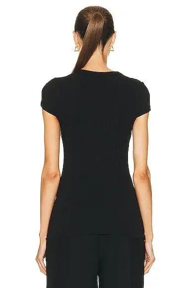 Enza Costa Pointelle Knit Cap Sleeve Crew Top - Black