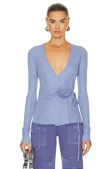 Blumarine Long Sleeve Wrap Top With Rosette Appliqu