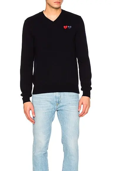 Play Comme Des Garcon V Neck Double Emblem Sweater - Black
