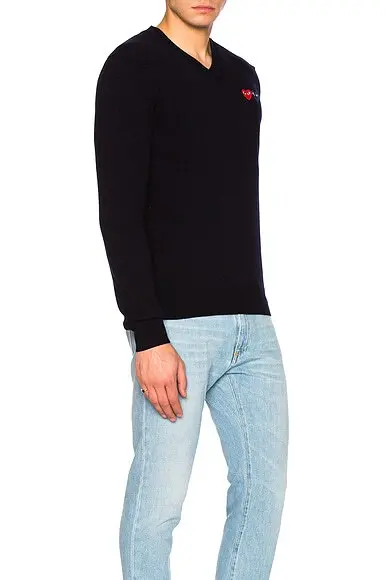 Play Comme Des Garcon V Neck Double Emblem Sweater - Black