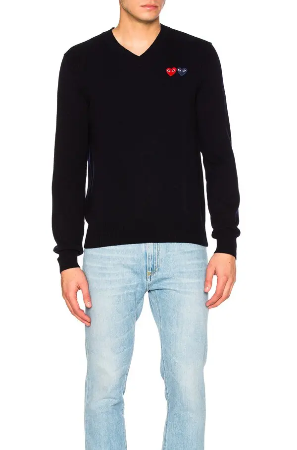 Play Comme Des Garcon V-neck Double Emblem Sweater