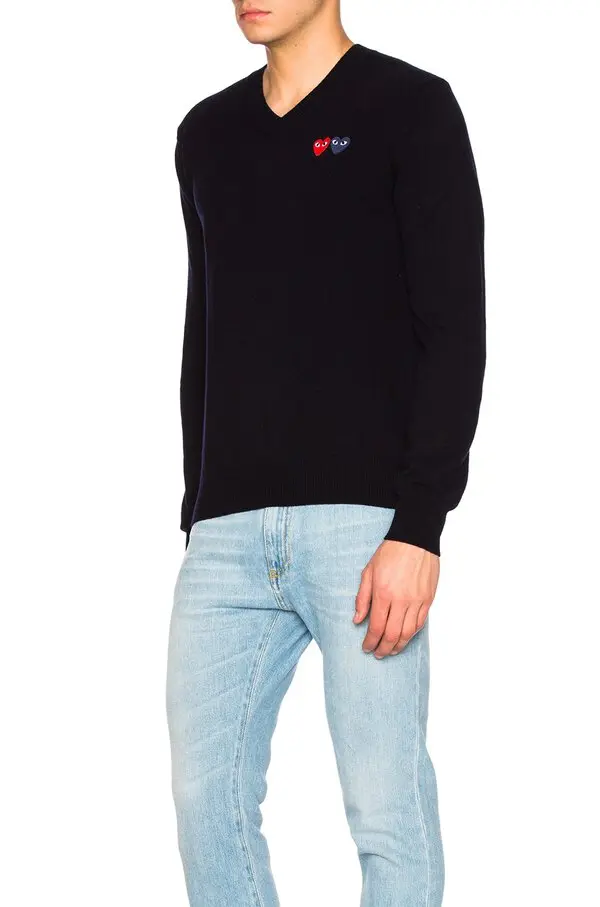 Play Comme Des Garcon V-neck Double Emblem Sweater