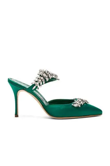 Manolo Blahnik Satin Lurum 90 Pump With Crystal Embellishments - Green