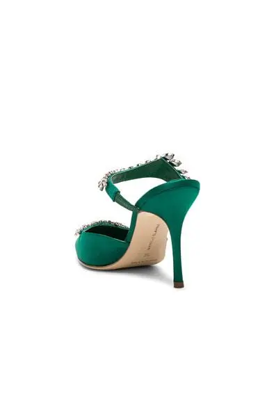 Manolo Blahnik Satin Lurum 90 Pump With Crystal Embellishments - Green