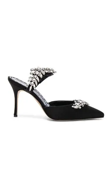 Manolo Blahnik Satin Lurum 90 Crystal Embellished Stiletto Heels - Black