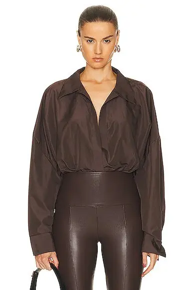Norma Kamali Super Oversized Boyfriend Shirt Bodysuit - Chocolate