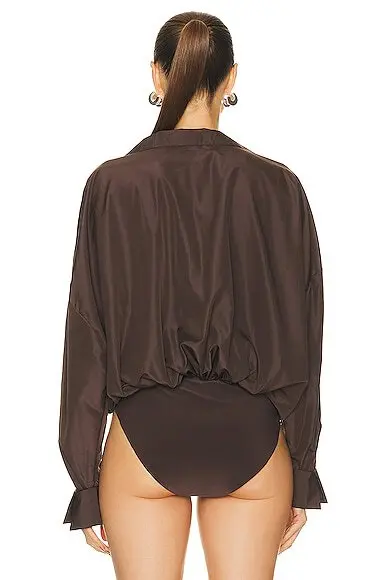 Norma Kamali Super Oversized Boyfriend Shirt Bodysuit - Chocolate