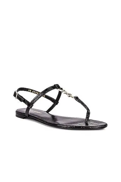 Saint Laurent Cassandra Embossed Croc Flat Sandals - Noir