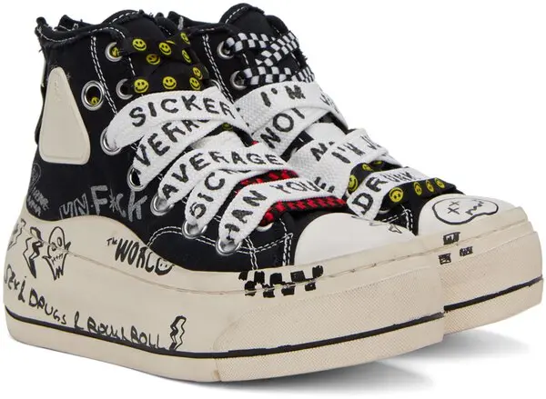 R13 Black & White Double Grommet Kurt Sneakers