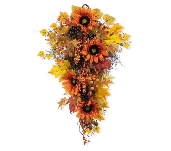 GLITZHOME 27'h Fall Sunflower, Maple Leaf And B Erry Swag