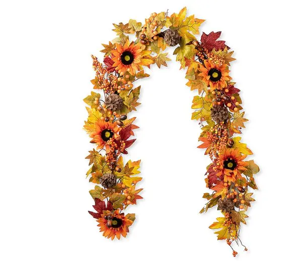GLITZHOME 6' Fall Sunflower, Maple Leaf And Ber Ry Garland
