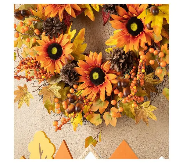 GLITZHOME 24'd Fall Sunflower, Maple Leaf And B Erry Wreath