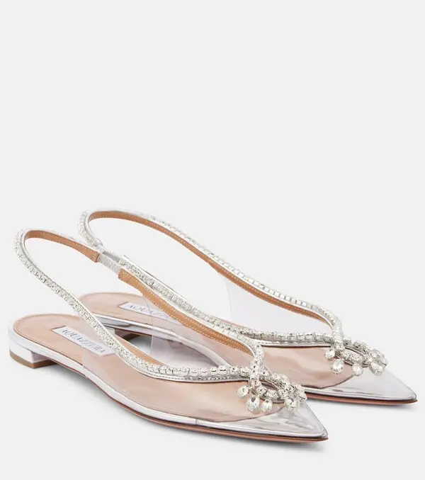 AQUAZZURA Seduction Crystal-embellished Slingback Flats - Silver