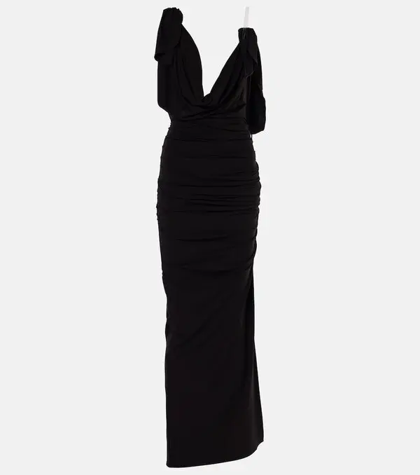 Attico Ruched Draped Jersey Gown - Black