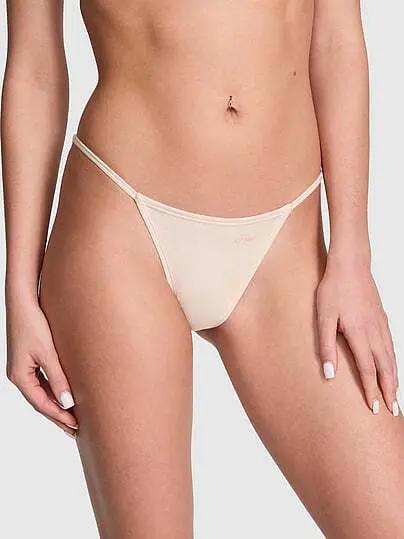 Pink Cotton Lace-trim String Bikini Panty - Beige