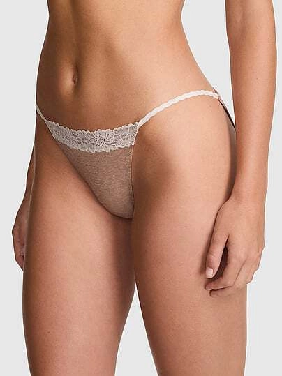 Pink Cotton Lace-trim Bikini Panty - Beige