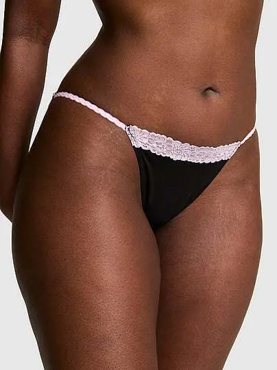 Pink Cotton String Bikini Panty - Black