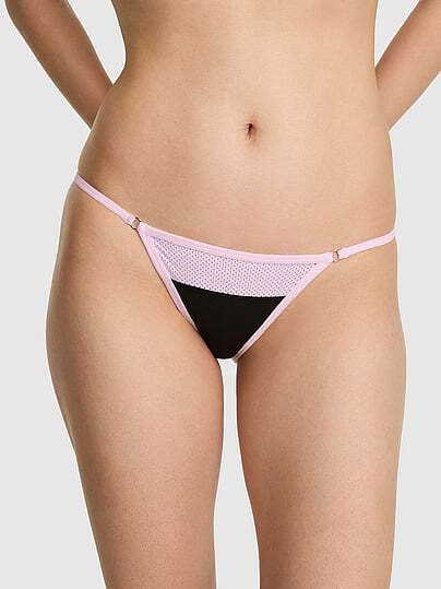 Pink Cotton Lace-trim String Bikini Panty - Black