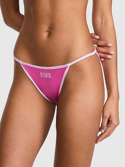 Pink Cotton Lace-trim String Bikini Panty - Pink