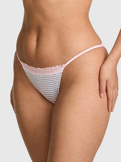 Pink Cotton Lace-trim String Bikini Panty - Print
