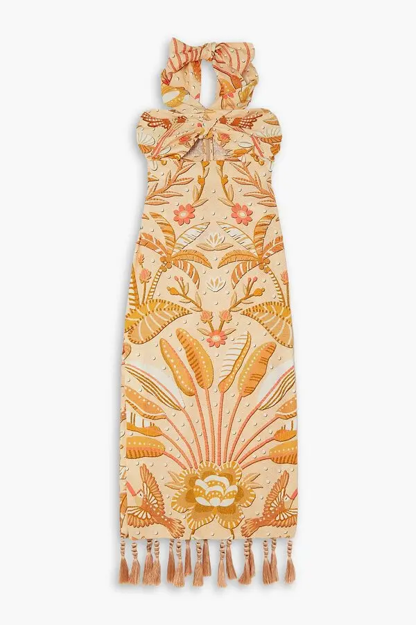 Farm Rio Jungle Chic Cutout Linen Blend Halter Midi Dress In Sand - 80% Off  | Editorialist