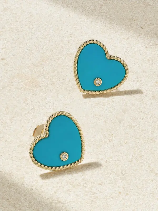 Yvonne Léon Caur 9-karat Gold, Turquoise And Diamond Heart Earrings - Blue