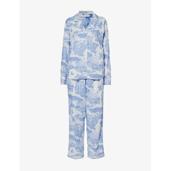 Desmond & Dempsey Loxodonta Graphic-print Cotton Pyjamas - Blue