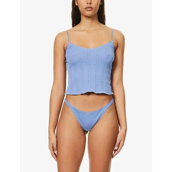 COU COU Pointelle Mid-rise Cotton Thong - French Blue