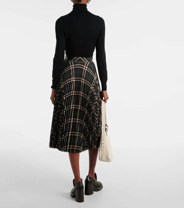 Burberry Pleated Checked Midi Skirt
