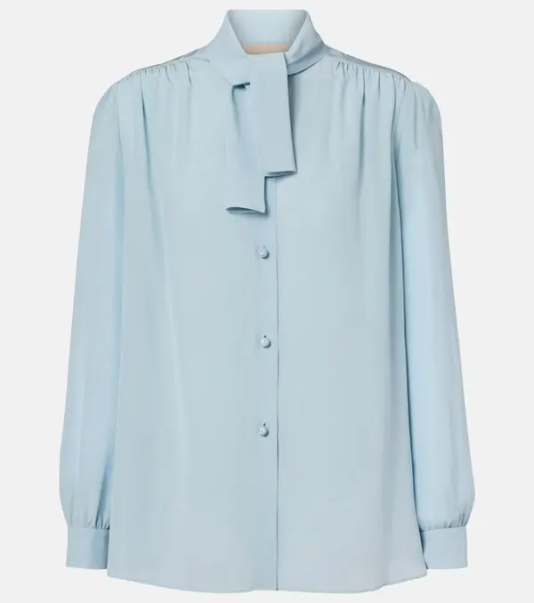 Valentino Garavani Tie-neck Silk Crêpe De Chine Shirt - Blue