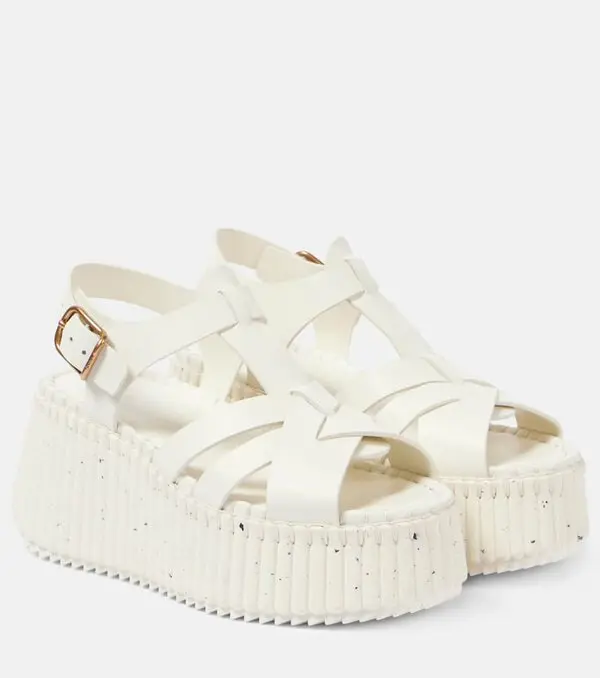 Chloé Nama 80 Leather Wedge Sandals - White