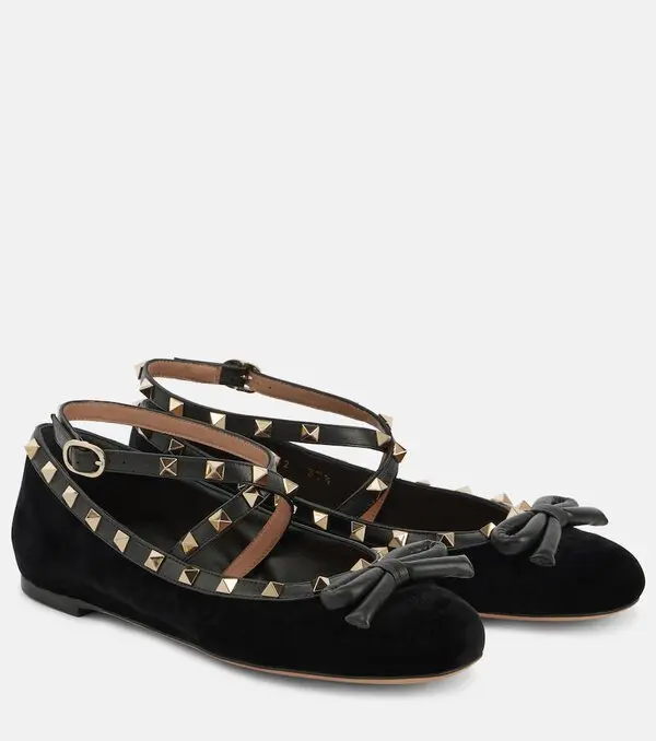 Valentino Garavani Rockstud Velvet Ballet Flats - Black