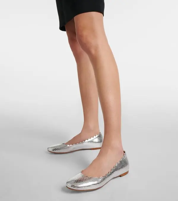 Chloé Lauren Croc-effect Leather Ballet Flats - Silver