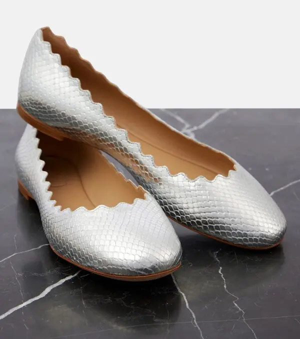 Chloé Lauren Croc-effect Leather Ballet Flats - Silver